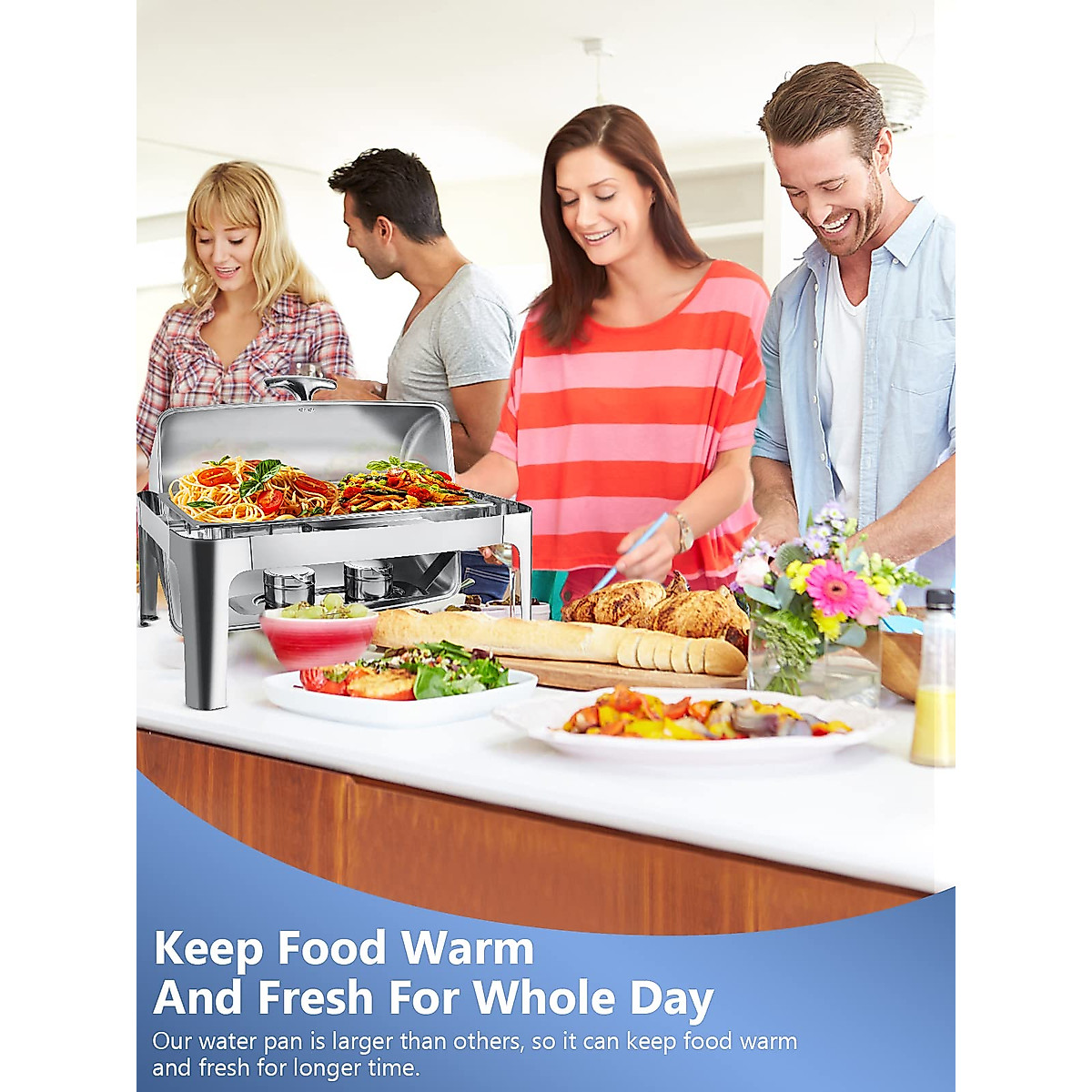 Granvell Rectangular Roll Top Chafing Dish Buffet Set, Catering Food Warmer for Parties, Wedding, Birthday, Christmas, 1 Full Size & 2 Half-Size Chafing Server Dish, 14QT Water Pan