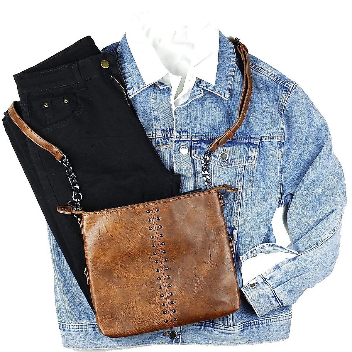 K&Bo Stevie Women’s Studded Chain Crossbody Handbag Purse Brown, Rocker Chic Boho Medium, Converts to Clutch Bag, Lightweight