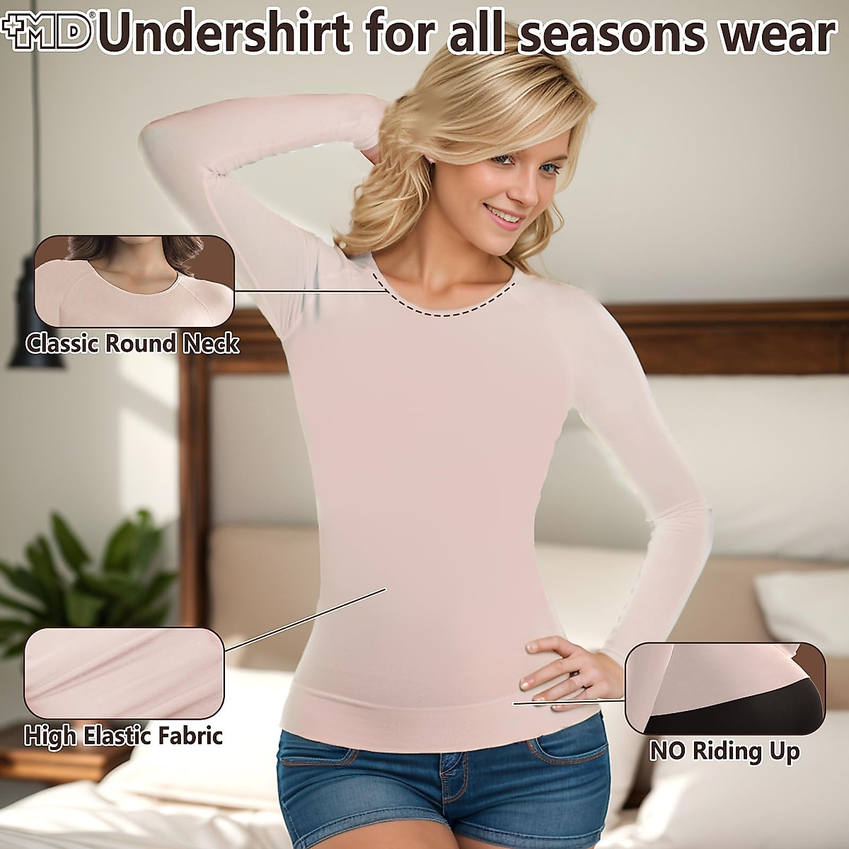 +MD Womens Long Sleeve Undershirts Tops, Round Neck Slim Fit Baselayer, Soft Thermal Underwear, Light Compression Shirt Underscrubs Nude X-Large