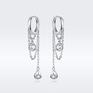 Sterling Silver Dangle Diamond Small Hoop Earrings for Women CZ Elegant Threader Tassel Drop Long Chain Cuff Earrings Sensitive Ears Hypoallergenic (Silver)