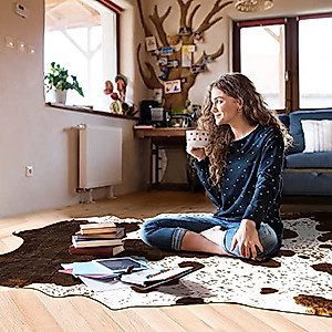 Rostyle Faux Cowhide Rug 5.2 x 4.6 Feet, Cute Cow Hide Rug for Living Room Bedroom Western Home Decor Faux Fur Cow Print Rugs White and Brown