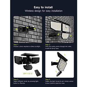 soysout Solar Outdoor Lights, 3000LM 176 LED Security Lights with Remote Control, 4 Heads Motion Sensor Lights, IP65 Waterproof Outdoor Floodlights