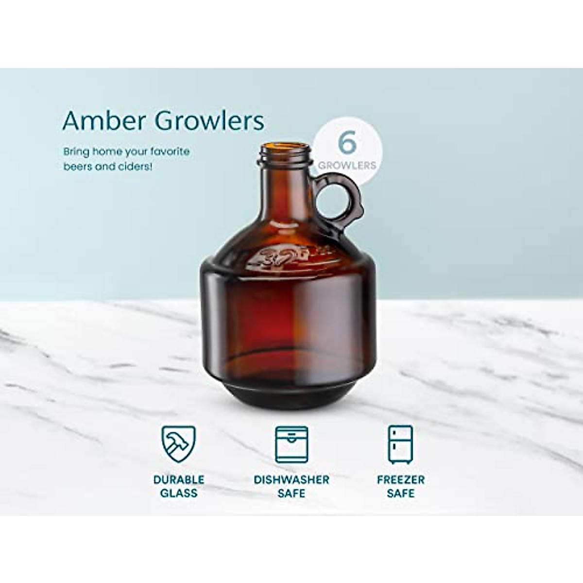 KooK Amber Glass Bottles, Growlers, with Black Plastisol Lined Lids, Beer, Soda, Cider, Kombucha, Set of 6, 32oz