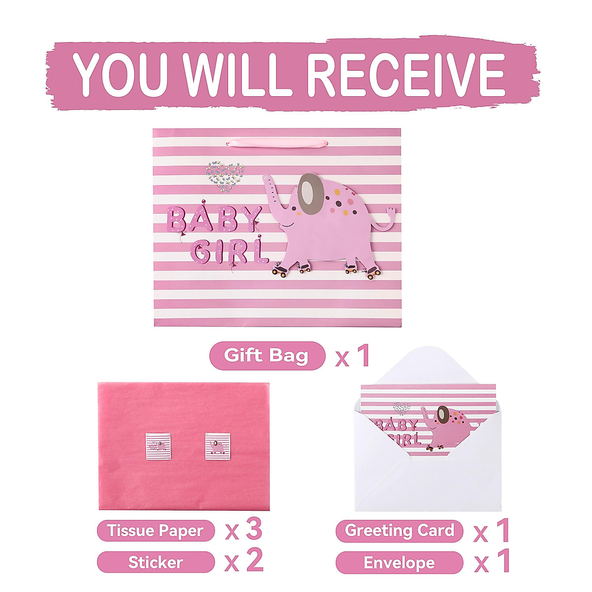 13" Large Pink Gift Bag Set with Greeting Card and Tissue Paper(3D elephant) for Baby Girl,Baby Shower,Kids Birthday Party,Newborn,New Moms or Parents-13” x 5.2” x 10.2”, 1 Pcs.