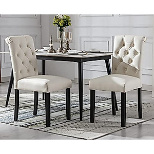 Kmax Leather Dining Chairs Button Tufted Diner Chairs Classic Upholstered Chairs with Wood Legs for Kitchen Dining Room Restaurant Set of 2, Cream