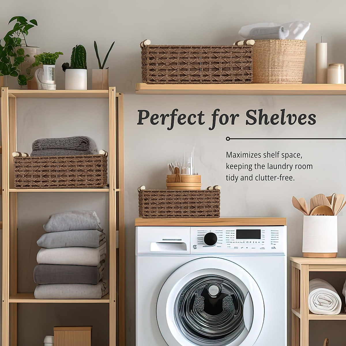 DECOMOMO Wicker Storage Basket, Toilet Paper Basket for Organizing Storage, Paper Rope Baskets with Liner and Wooden Handles for Shelves Cosmetics Books (Brown – 3 Pack)