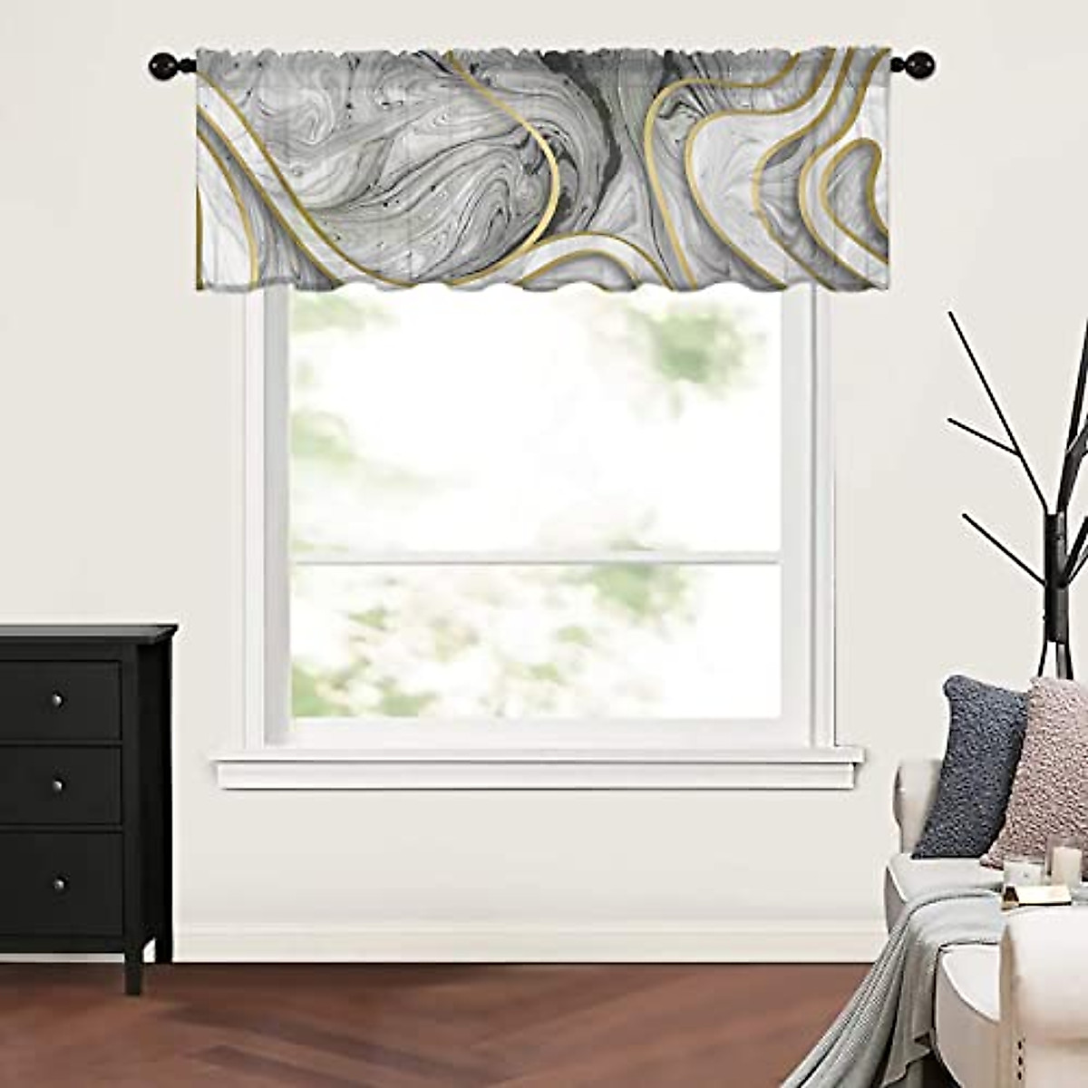 Chees D Zone Chiffon Window Valance Kitchen Curtains White Gray Abstract Marble,Rod Pocket Tier Curtain Light Filter Panel,Gold Foil Line Art Windows Valances Drapes for Bedroom,Bathroom 54x18In
