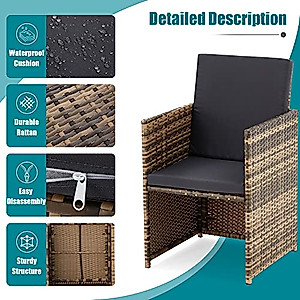 KROFEM 3 Pieces Waterproof Outdoor Rattan Furniture Set with Cushions, Ideal for Patio, Lawn,Balcony, Backyard, Garden, Swimming Pool, Yard Nature Frame and Dark Grey Cushion