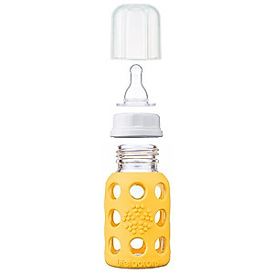 Lifefactory 4-Ounce BPA-Free Glass Baby Bottle with Protective Silicone Sleeve and Stage 1 Nipple, Yellow