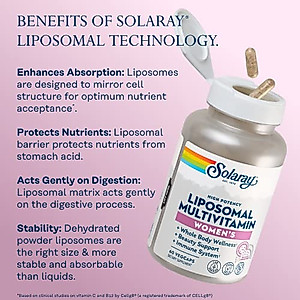 Solaray Liposomal Multivitamin for Women, Enhanced Absorption, High Potency w/Iron, Vitamin D, Vitamin C, B12, Biotin, CoQ10, Immune Support, Bone Health, Vegan, 60 Servings, 120 VegCaps