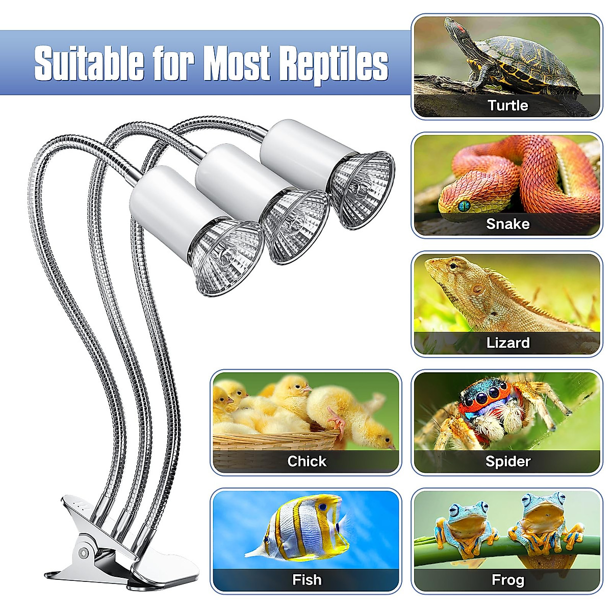 TFNN 2023 Upgrade Reptile Heat Lamp, Three Head Reptile Light with Cycle Timer,UVA UVB light, dimmable Basking lamp for Tortoise, Bearded Dragon, Lizard, Snake, E26/27 Base with 4 Bulbs (50W)-White