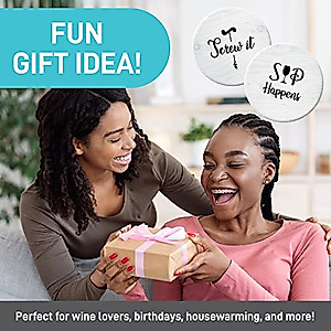 Coasters for Drinks Absorbents with Holder - 6 Pcs Gift Set with 6 Funny Sayings for Wine Lovers - Ceramic Stone with Corked Back, Unique Present for Housewarming, Living Room Decor