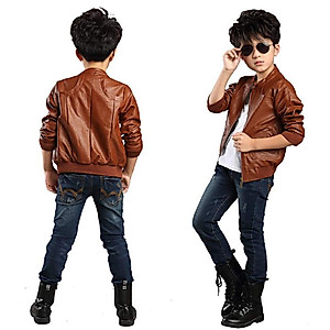 ELUCKFACE Boys Trendy Stand Collar PU Leather Moto Jacket Leather Coat Brown 9-10Years