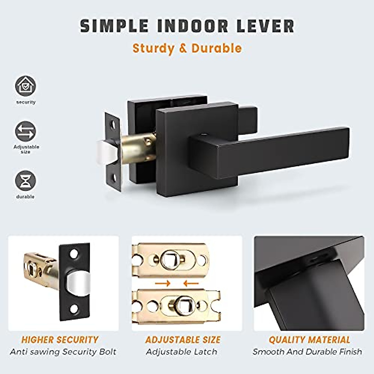 KNOBWELL 4 Pack Contemporary Square Door Handle Passage, Black Door Handles Inside, Interior Door Knob Set, Matte Black (No Lock/Key)