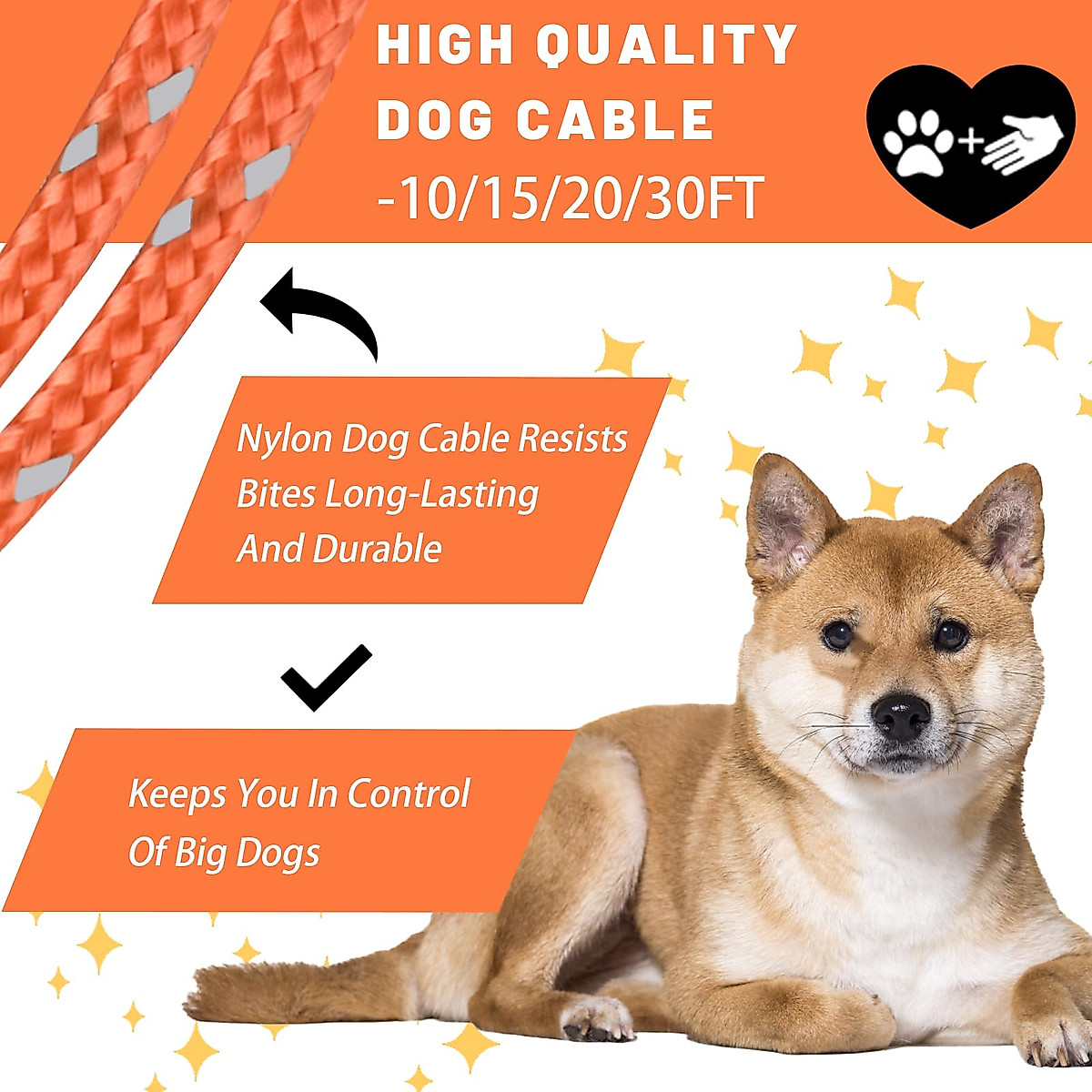 HaiYUAN Dog Tie Out Cable 10/15/20/30FT Dog Run Cable Orange/Grey Tie Out Cable for Dogs with Reflects Light Dog Cable for Large Dogs Heavy Duty for Outside Hold Large Dogs Up to 100LBS