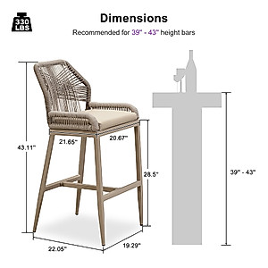 PURPLE LEAF Patio Sunbrella Bar Stools 28" H Set of 2 Handwoven Wicker Bar Height Stool Modern Aluminum High Bar Chairs Outdoor Wicker Barstools with Back and Cushion for Kitchen Pool Island