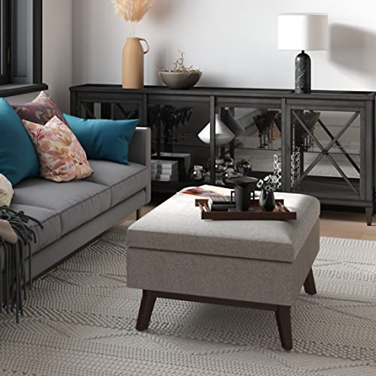 SIMPLIHOME Owen 34 Inch Wide Mid Century Modern Rectangle Coffee Table Lift Top Storage Ottoman in Upholstered Cloud Grey Polyester Fabric, For the Living Room