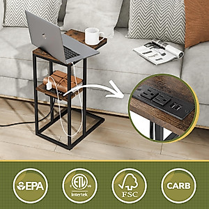 Yoobure C Shaped End Table with Charging Station, Small Side Tables for Living Room, Bedroom, Sofa Table with USB Ports and Outlets for Small Spaces, C Couch Table Rustic Snack Table Bed Side Table