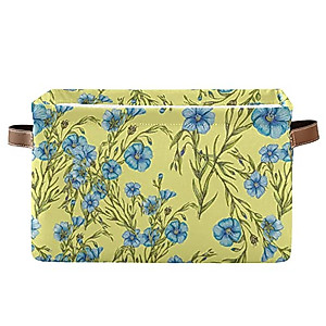 ALAZA Blue Flax Flowers on Yellow Background Storage Basket for Shelves for Organizing Closet Shelf Nursery Toy, Fabric Collapsible Storage Organizer Bins Decorative Baskets with Handles Cubes