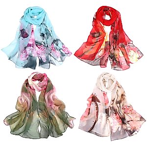 db11 Pack of 4 Chiffon Floral Scarf for Women Fashion Shawls Wraps Lightweight Large Neck Scarves (Color2)