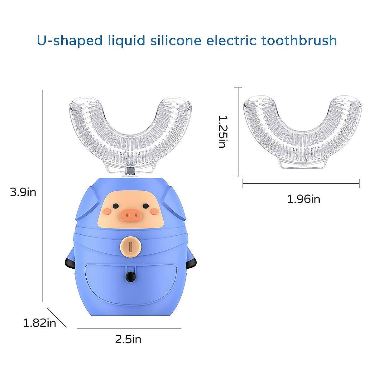 ZZCC Ultrasonic Kids Electric Toothbrush, New U Shape Kid Type Whitening IPX7 Waterproof, 3 Gear Speed, 3-12 Years(Blue-Mini Pig)