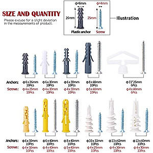 Hilitchi 212-Pcs [11-Sizes] Plastic Drywall and Hollow-Wall Anchor with Screws Assortment Kit, Wall Anchor Hooks Toggle Set