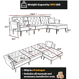 Lin-Utrend U Shape Sectional Sofa, 110” Modern Chenille Fabric Modular Couch,Extra Wide Sofa with Reversible Chaise Lounge and Golden Legs, 4 Seat Sectional Couch for Living Room (L-Shaped Blue)