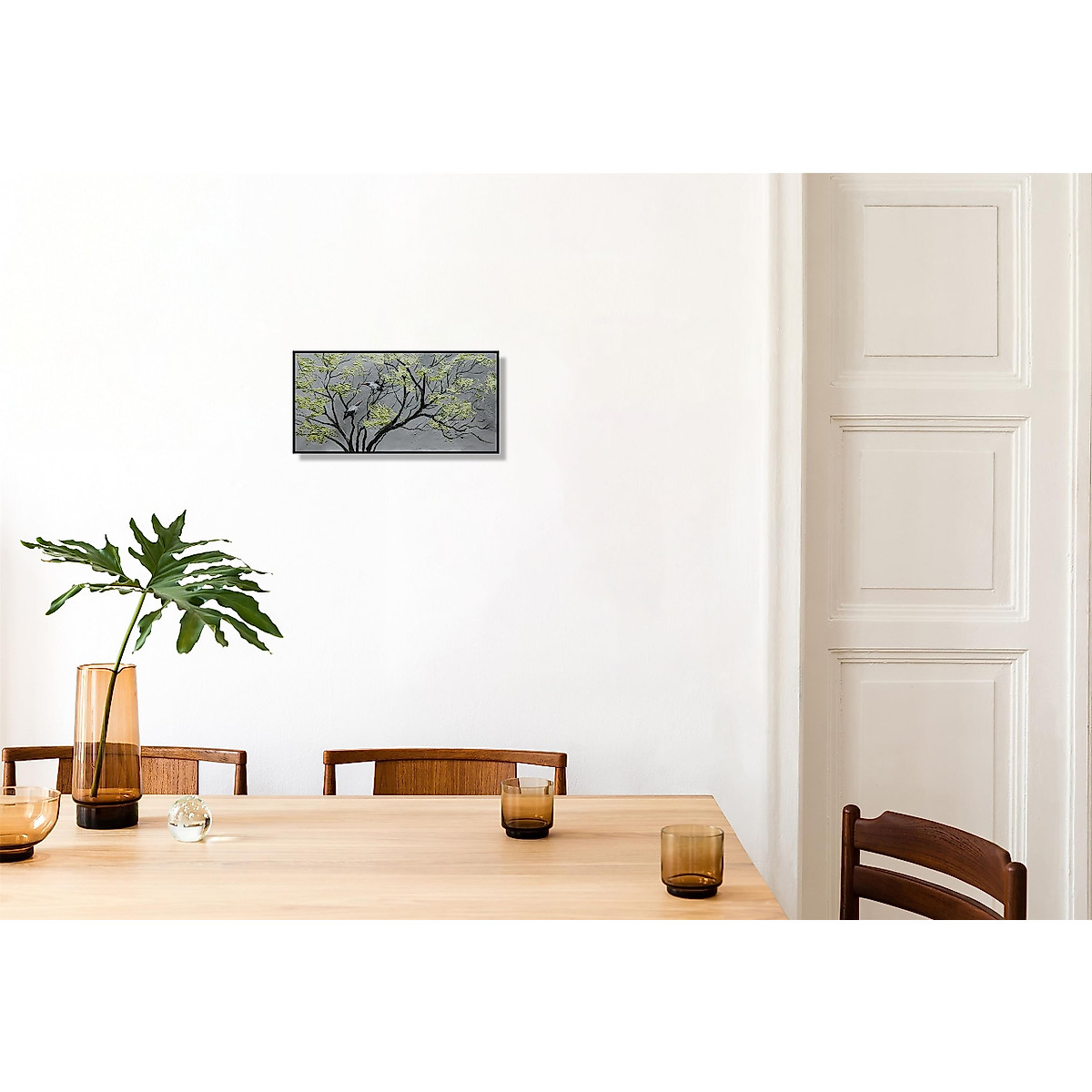 Hand Painted Oil Painting Canvas Wall Art Abstract Black & White Birds on Tree Front Load Frame 10x20" Extra 1/4" Slim 0.71" Height Wood Moulding 3D Brushstroke for Home Decor Office Living Bed Dining