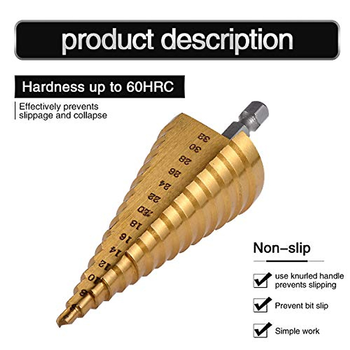 HOHXEN 1/4 Hex Shank Titanium Step Drill Bit High Speed Steel 15 Steps Hex Shank 4-32MM