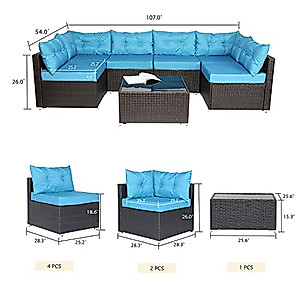 Allewie Patio Furniture Set 7 Pieces Outdoor Furniture with Seat Cushions and Tempered Glass Coffee Table, Wicker Patio Conversation Sets for Backyard, Porch, Balcony, Poolside, Blue & Black