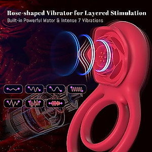 Vibrating Cock Ring with Rose Clitoral Stimulator, Pleasure Penis Ring Vibrator Couples Adult Sex Toys for Men Women, 7 Vibrations Male Couple Sex Toy