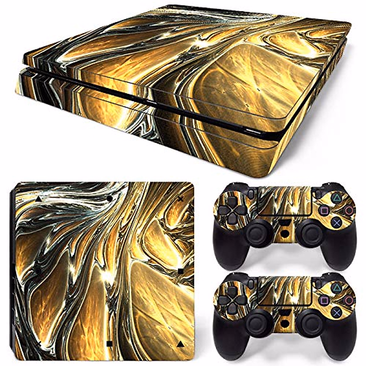 ZOOMHITSKINS PS4 Slim Skins, Golden Glass Crystal Mirror Gold Silver Graphic Metallic Shine, Durable, Bubble-Free Goo-Free, Cover Set of 2 Controller Skins 1 Console Skin, Made in USA