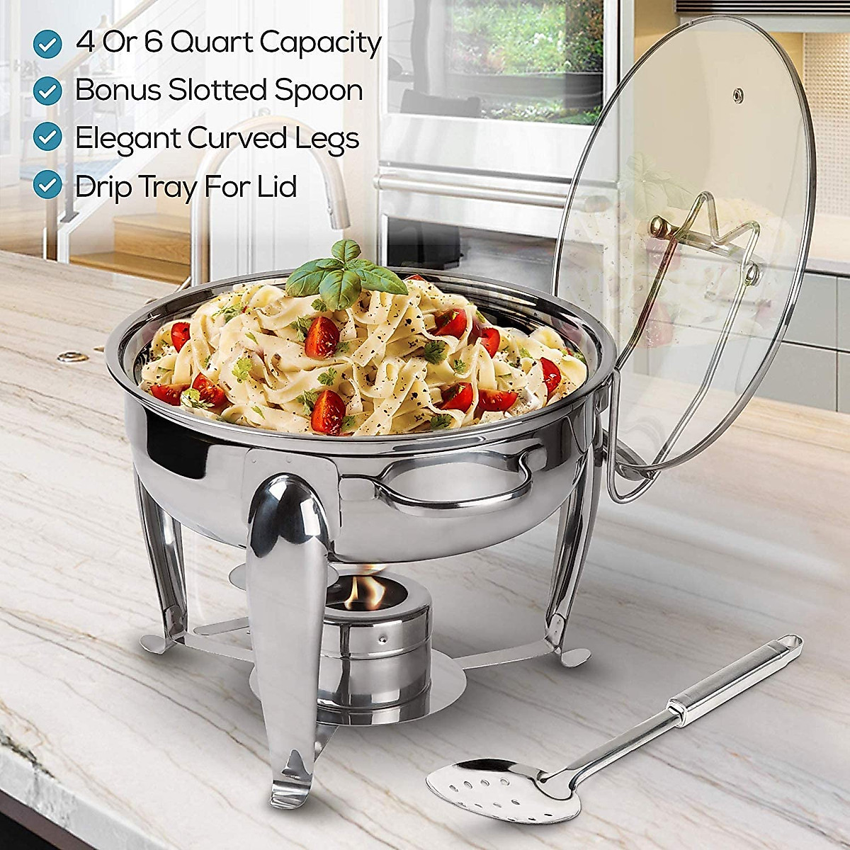 4 Quart Round Stainless Steel Chafing Dish with Bonus Slotted Spoon and Drip Tray for Lid| Keeps linens Dry | for Wedding, Graduation, Events, Parties | Sterno Holder…