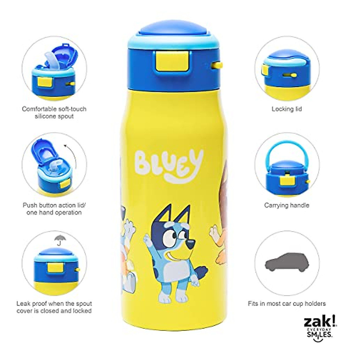 Zak Designs Bluey Double-Wall Vacuum Insulated, Stainless Steel Kids Mesa Water Bottle with Flip-Up Straw Spout and Locking Spout Cover, Durable Cup for Sports or Travel (13.5 oz, 18/8 SS)