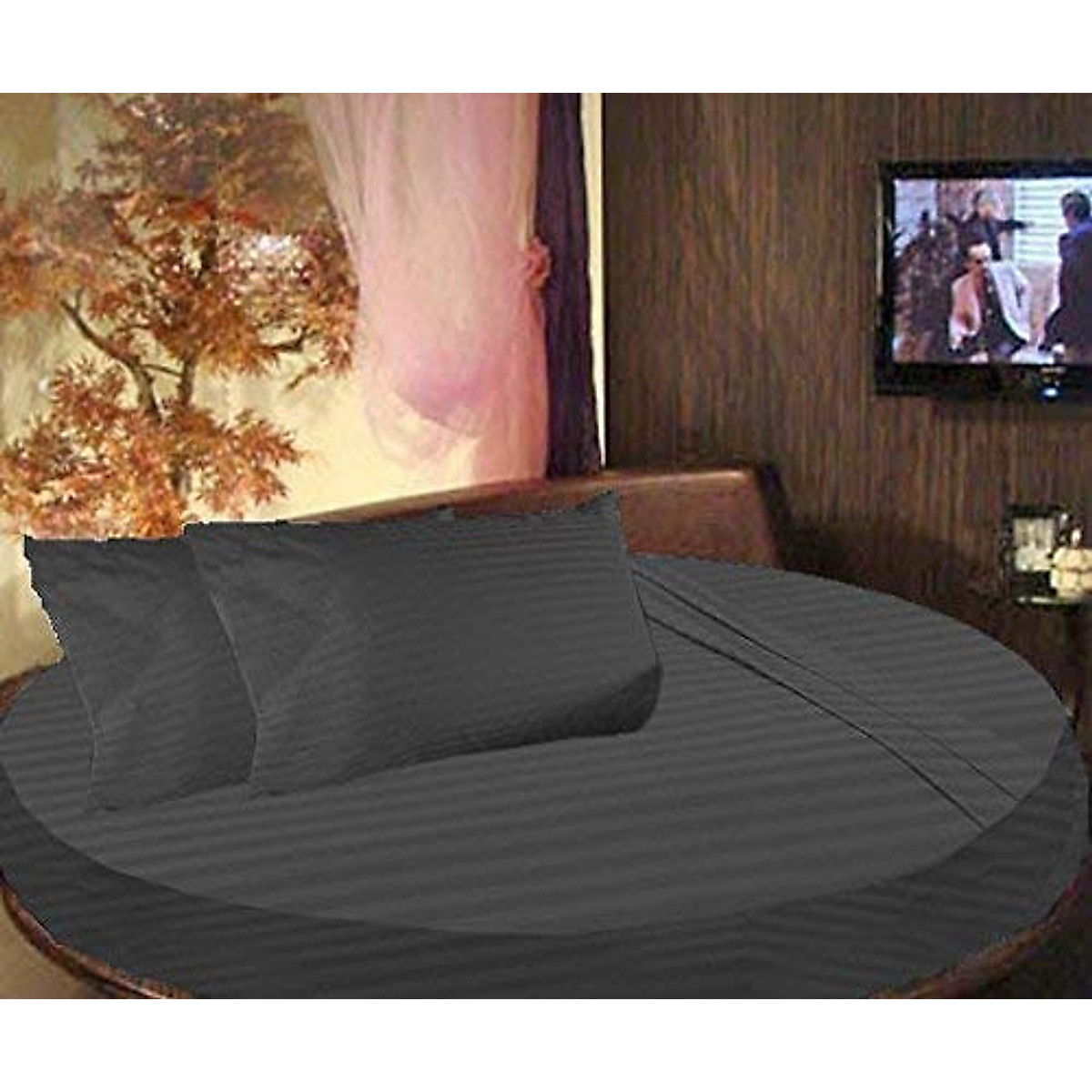 White House Linen Ultra-Soft Luxury 600 Tc Egyptian Cotton 3pc Round Bed Sheet Set Elephant Grey Stripe 84" Diameter + Standard Size15 Inches Deep Pocket