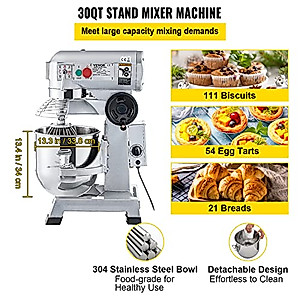 VEVOR Commercial Food Mixer, 30Qt Commercial Mixer with Timing Function, 1100W Stainless Steel Bowl Heavy Duty Electric Food Mixer Commercial with 3 Speeds Adjustable 108/199/382 RPM, Dough Hook Whisk