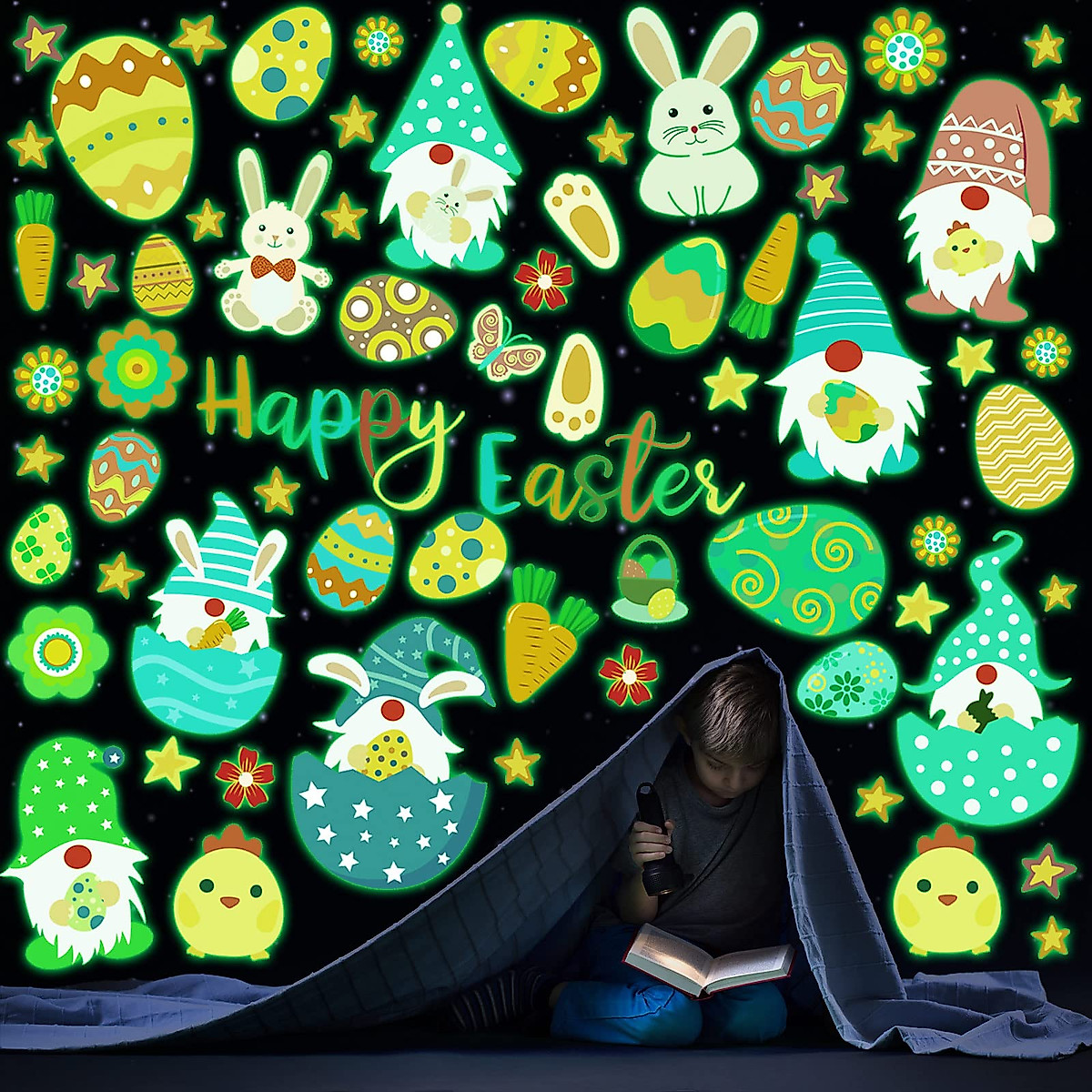 55 Pcs Glow in The Dark Stickers Wall Glowing Stickers Bunny Eggs Gnome Big Wall Decal Luminous Self Adhesive Stickers for Party Supplies Kids Room Nursery Classroom Wall Decor