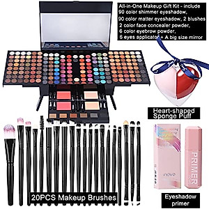 Makeup Gift Sets For Women - 190 Colors Makeup Palette Include Eyeshadow, Blushes, Eyebrow Powder, Eyeliner Pencil, Mirror + 20 Pcs Brushes + Eyeshadow Base Primer + 2Pcs Heart Shape Sponge Puff