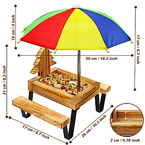 Squirrel Feeder, Squirrel Picnic Table Feeder for Outside with Umbrella Benches Carbonized Wood Bird Chipmunk Feeder Picnic Solid Structure Hanging Corn Cob Holder Snacks Peanuts Pet Gifts
