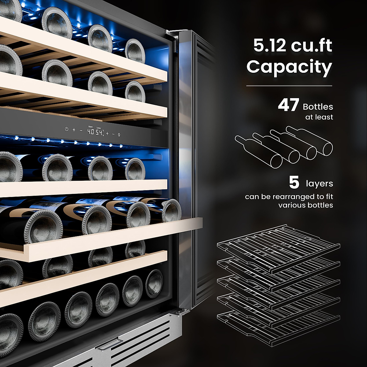 Yeego 24 Inch Wine Fridge Dual Zone, 47 Bottles Wine Cool Refrigerator with Glass Door & Safety Lock, Built-in/Freestanding/Under Counter, Perfect for Home & Kitchen