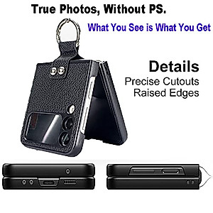 Vitodo for Galaxy Z Flip 4 Case with Ring Holder, Genuine Leather Material Built-in Back Screen Protector Shockproof Protective Phone Cover Slim fit for Samsung Galaxy Z Flip4 5g (2022) - Black