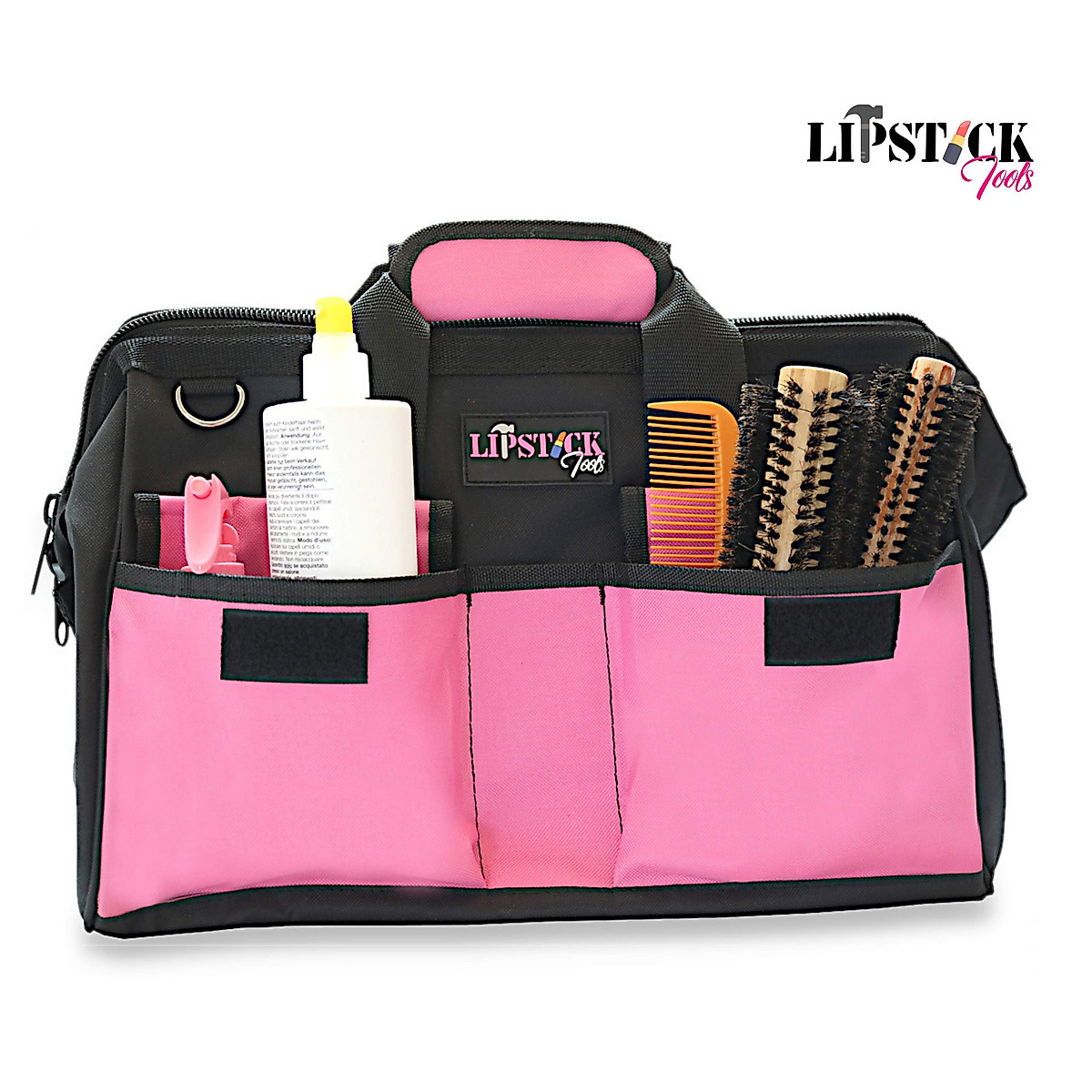 LipStick Tools 18-Inch Multi-Purpose Zip-Top Pink Storage Wide Mouth Tool Bag Organizer. Great for Home Improvement/Contractors Tools. Heavy Duty Storage Pockets and Shoulder Strap.