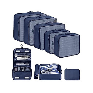 DIMJ Packing Cubes for Travel, 8 Set Luggage Packing Organizers Lightweight Suitcase Storage Bag with Multiple Sizes Travel Bag for Clothes Shoes Cosmetics Toiletries (Navy blue)