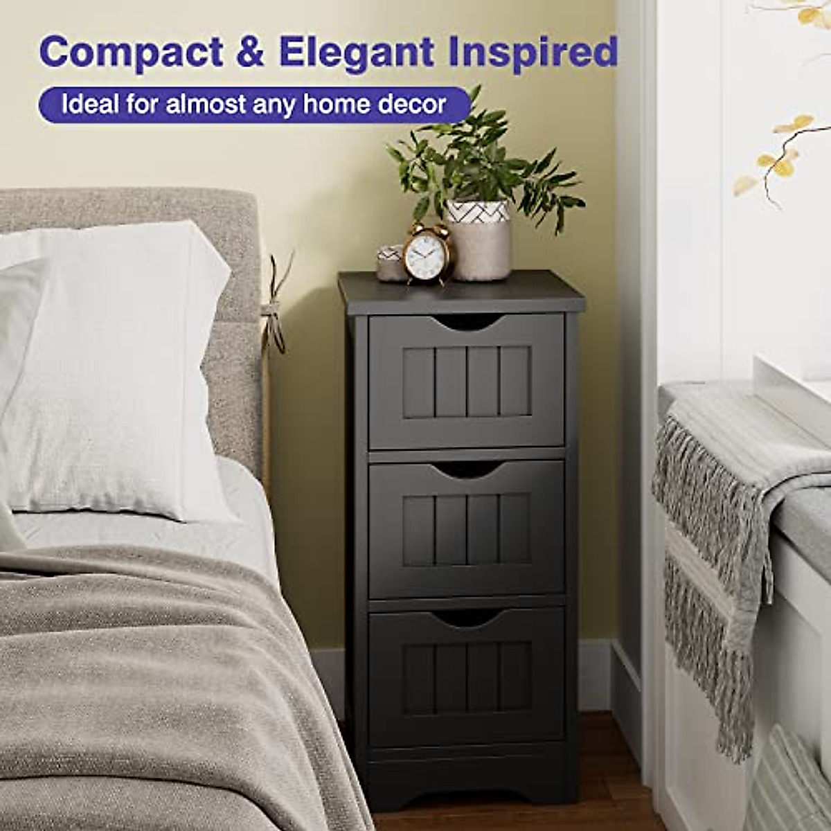 Tangkula Bathroom Floor Cabinet, Wooden Storage Cabinet with 3 Drawers, Modern Side Table, Bathroom Organizer for Home Office Bathroom Living Room (3 Drawers, Black)