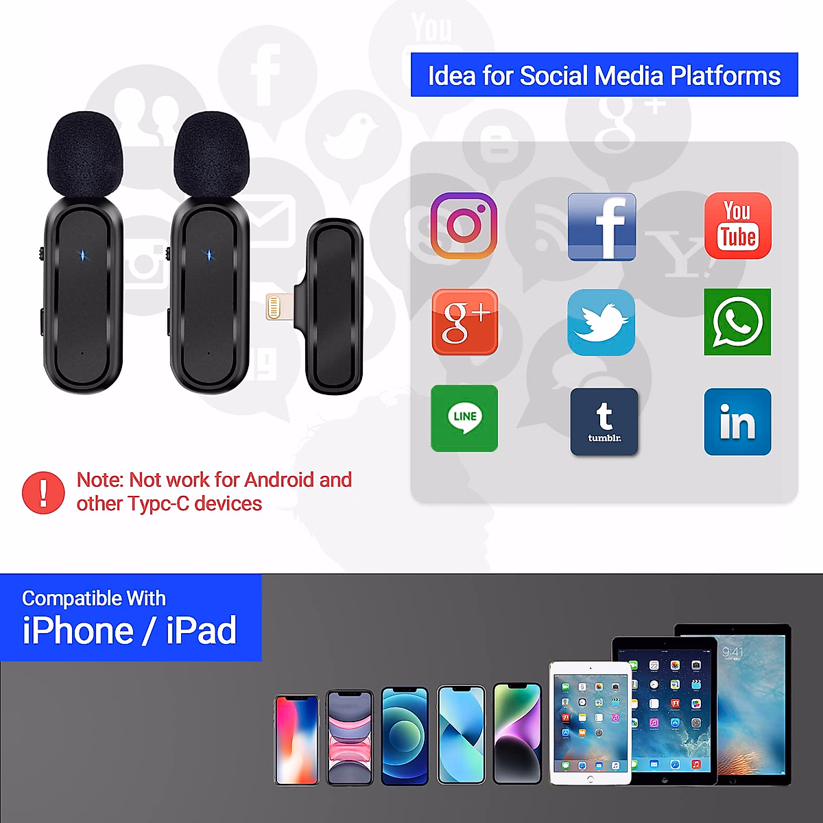 2 Pack Wireless Lavalier Microphone for iPhone iPad, Professional Clip On Lapel Mic with 780MA Charging Case - 10H Plug-Play Noise Reduction 70FT for Video Recording Vlogging, YouTube, Interview