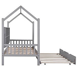 Twin House Bed with Trundle, Kids Twin Platform Bed Frame with Storage Shelves and Roof, Montessori Bed, Tent Bed, Wood Playhouse Bed Twin for Kids Teens Girls & Boys (Twin, Gray)
