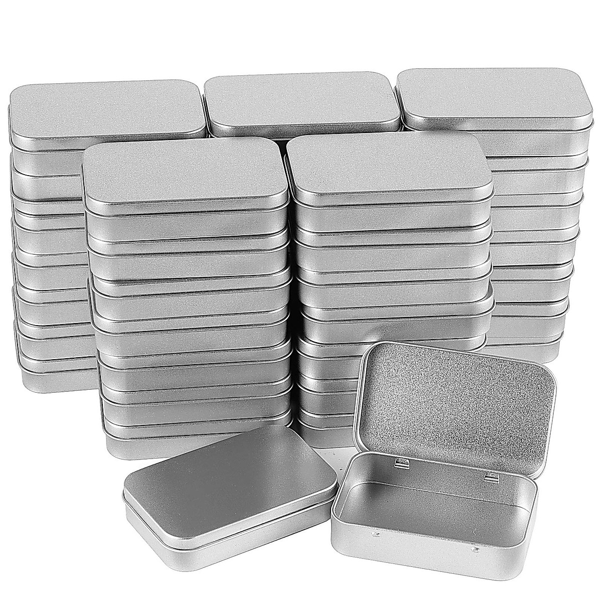 ZOENHOU 60 PCS 3.7 x 2.3 x 0.8 Inch Silver Rectangular Hinged Tins Box Containers, Portable Small Storage Tin Box with Lids, Metal Home Organizer for Jewelry Crafts Candy Gift Card Holder