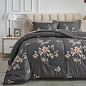 7 Pieces Bed in a Bag King Comforter Set with Sheets, Dark Grey Floral Design Soft Microfiber Bedding Sets for All Season (1 Comforter, 2 Pillow Shams, 1 Flat Sheet, 1 Fitted Sheet, 2 Pillowcases)