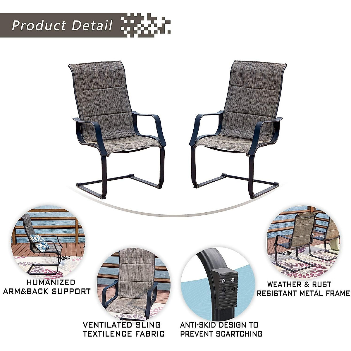 Festival Depot 2 Pieces Patio Chairs Spring Motion Textilene Weather Resistant Metal Outdoor Furniture for Lawn Garden Balcony Pool Backyard