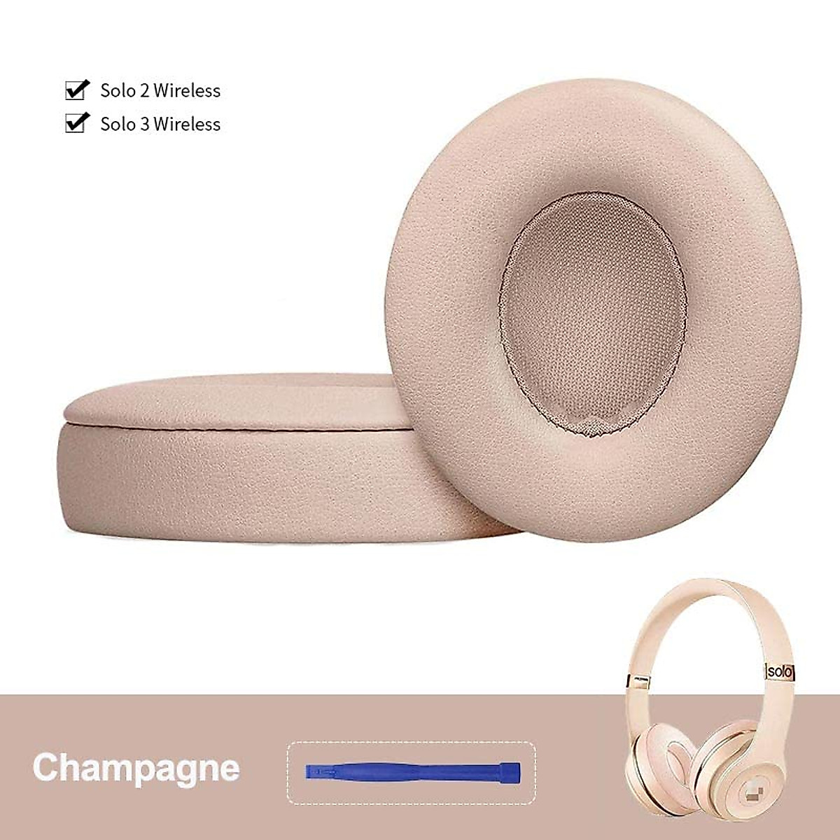 Beats Solo 3 Wireless Ear Pads Replacement, BUTIAO Protein Leather Memory Foam Headphone Earpads Ear Cushion Pad for Beats by Dre Solo 3 Wireless & Solo 2 Wireless Over Ear Headsets (Champagne)